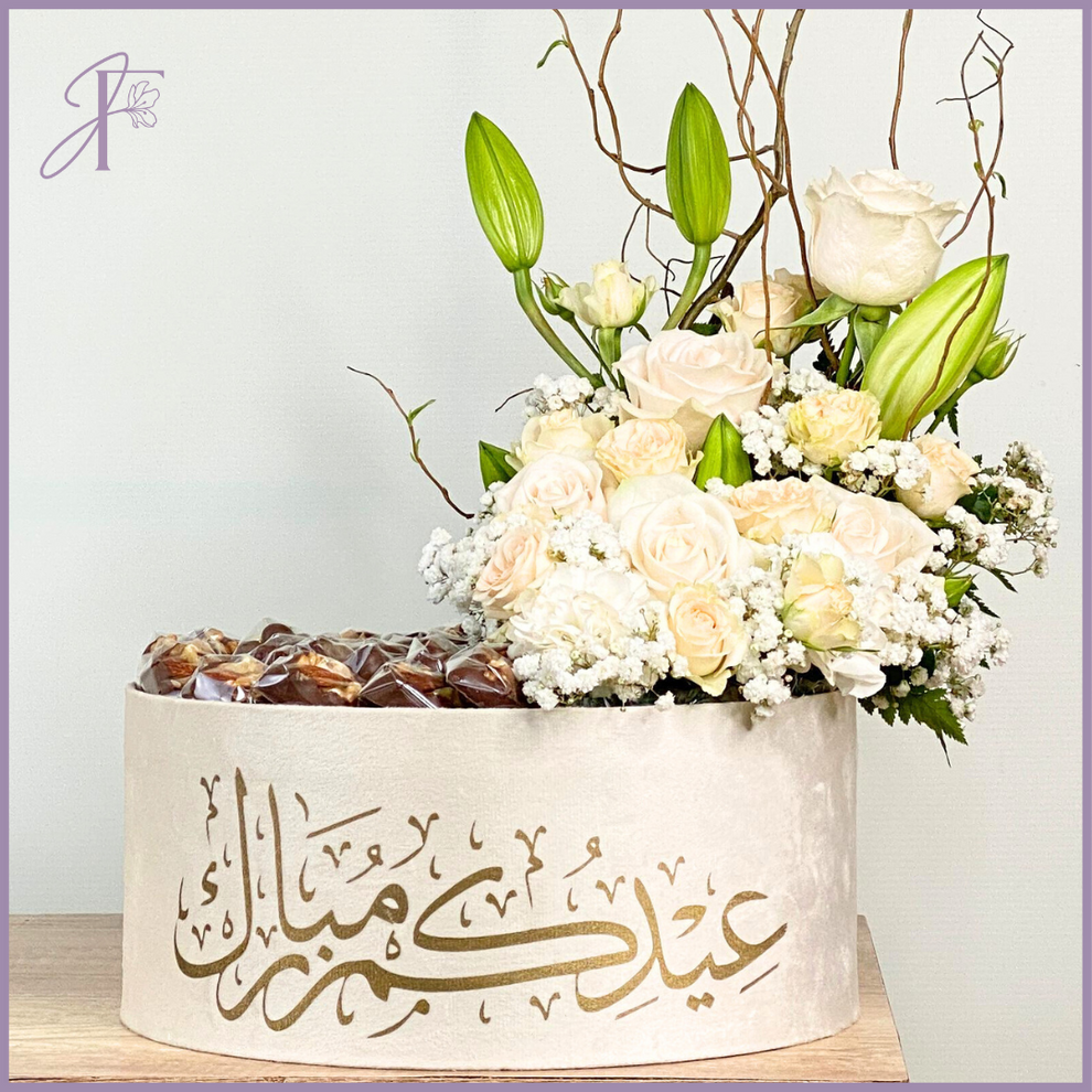 Creamy Eid Elegance Floral Chocolate Box – 60cm x 37cm – Jude Flowers WLL